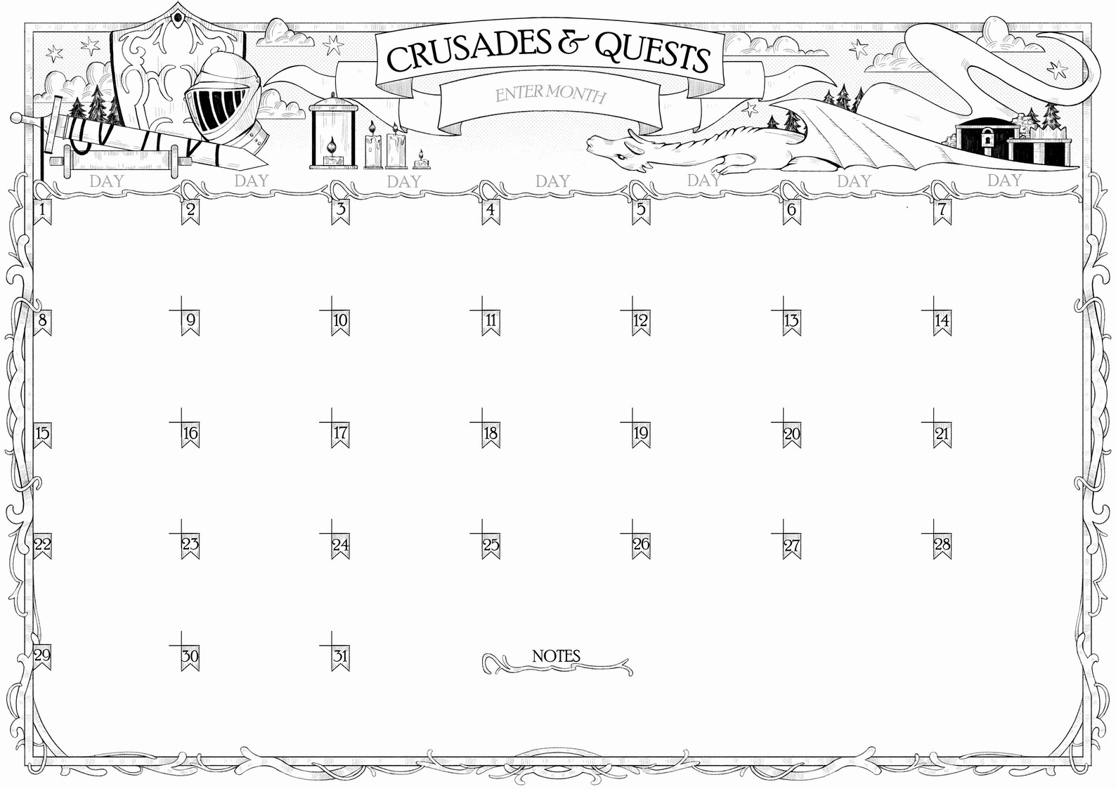 Printable Fantasy Monthly Calendar | Medieval Dragon Planner | RPG ...