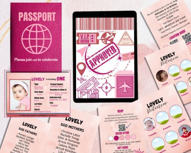 Pink Passport Invitation Canva Template for First Birthday, Invitation ...