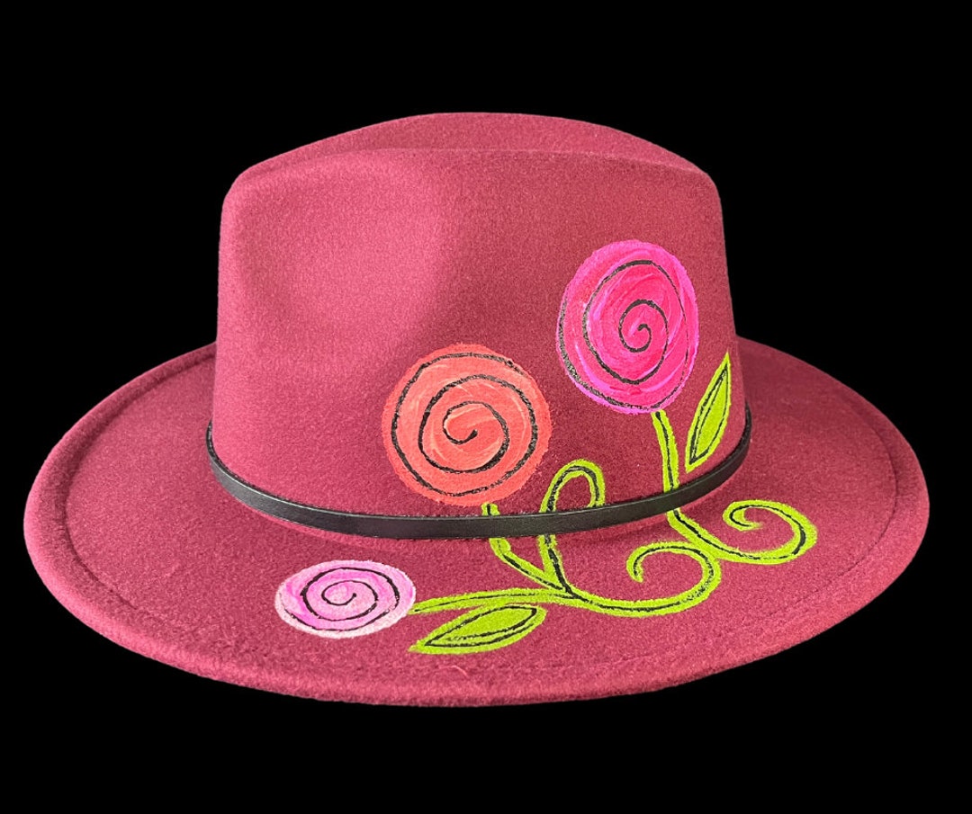 Custom Hand Painted Maroon Felt Fedora With Whimsical Floral Accents in ...