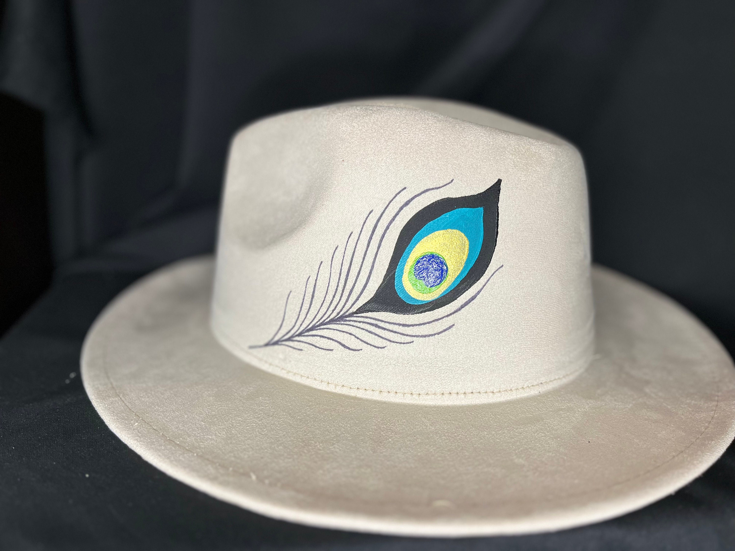 Custom Hand Painted Peacock Feather Fedora With Gold and Teal Accents ...