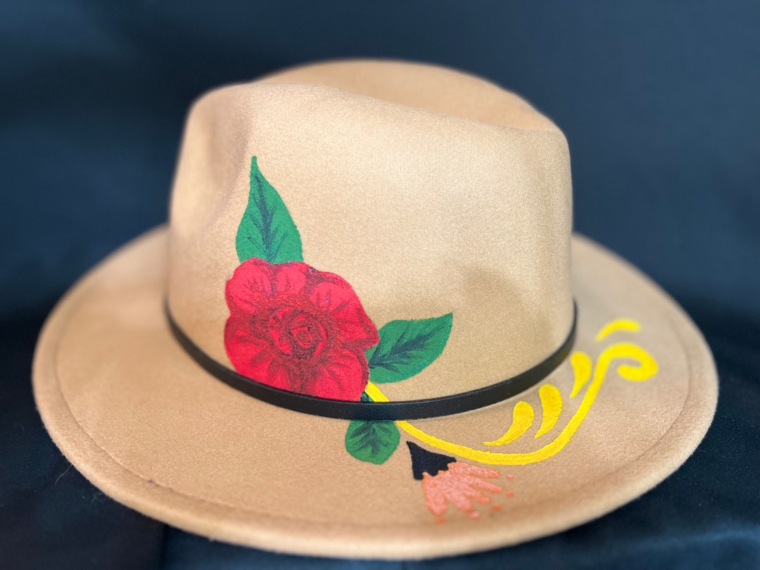 Custom Hand Painted Red Rose on a Brown Felt Fedora With Yellow, Green ...