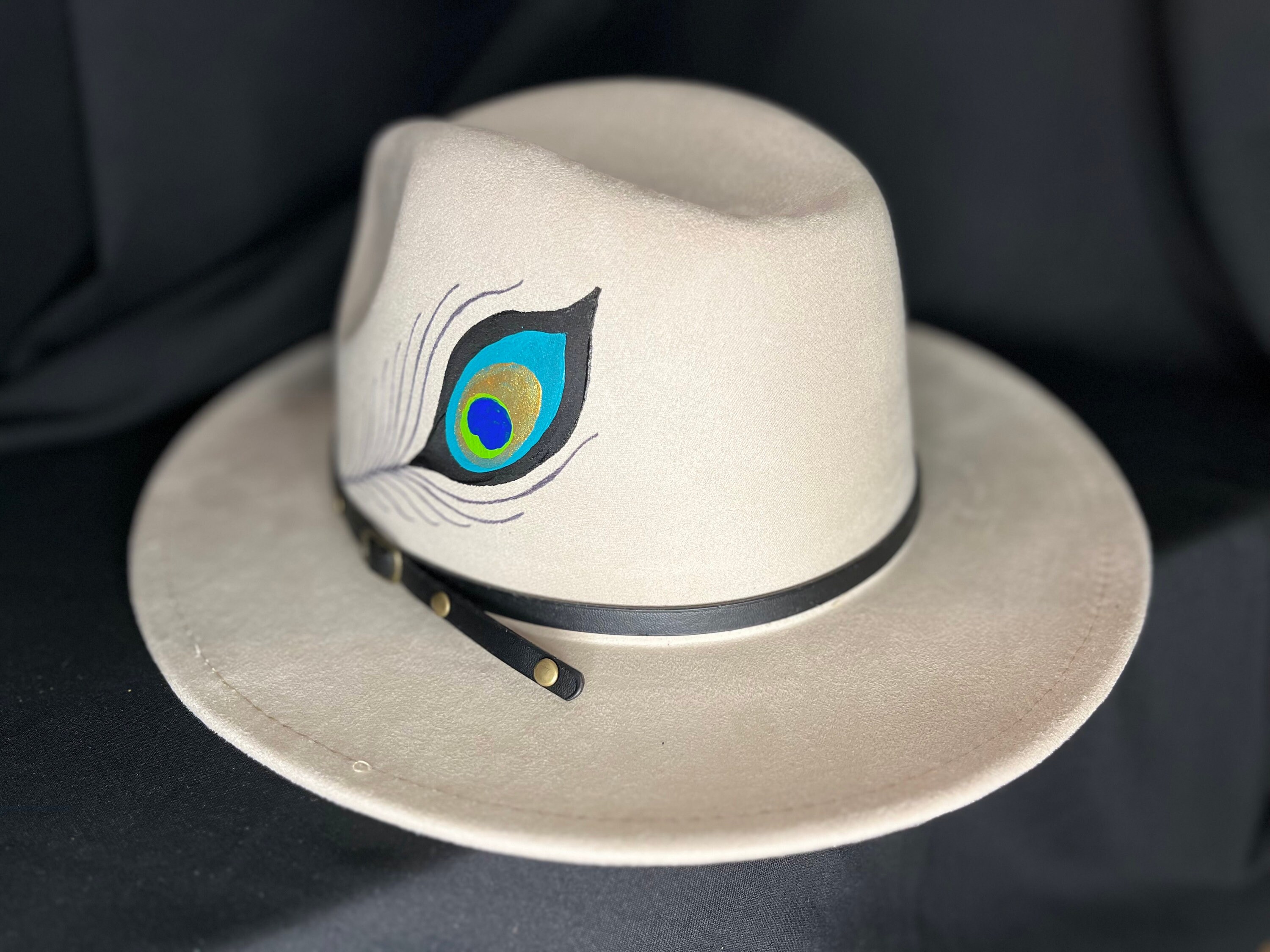 Custom Hand Painted Peacock Feather Fedora With Gold and Teal Accents ...