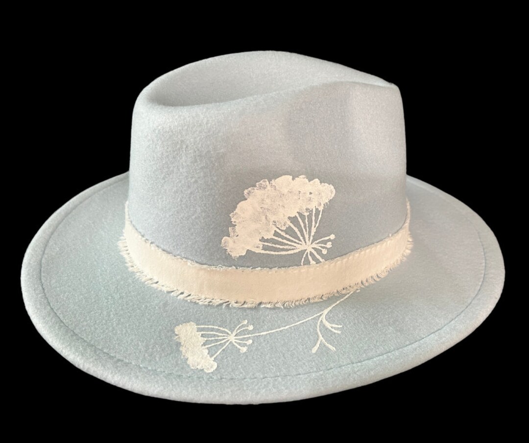 Custom Hand Painted Light Blue Felt Fedora With Natural Boho White ...