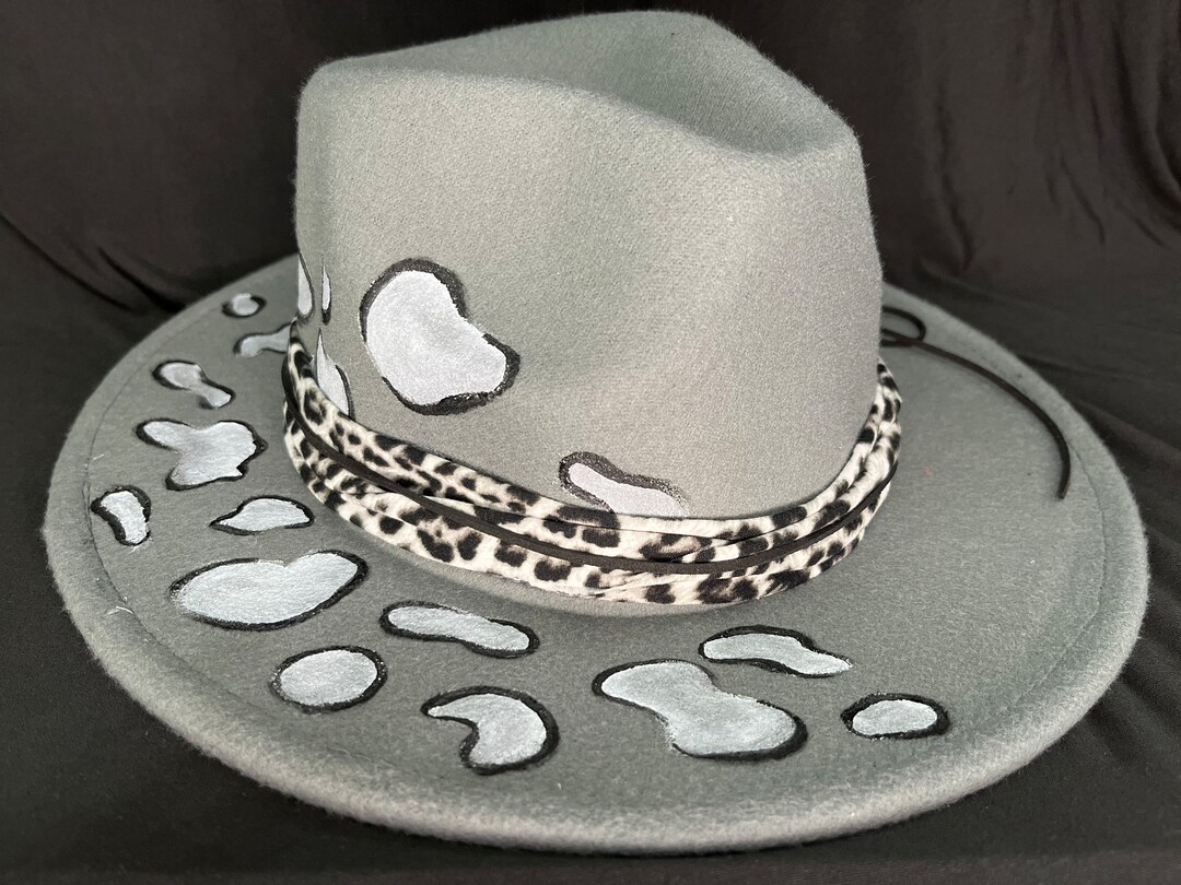 Gray Snow Leopard Hand Painted Felt Fedora Hat, Adjustable Inner Strap ...