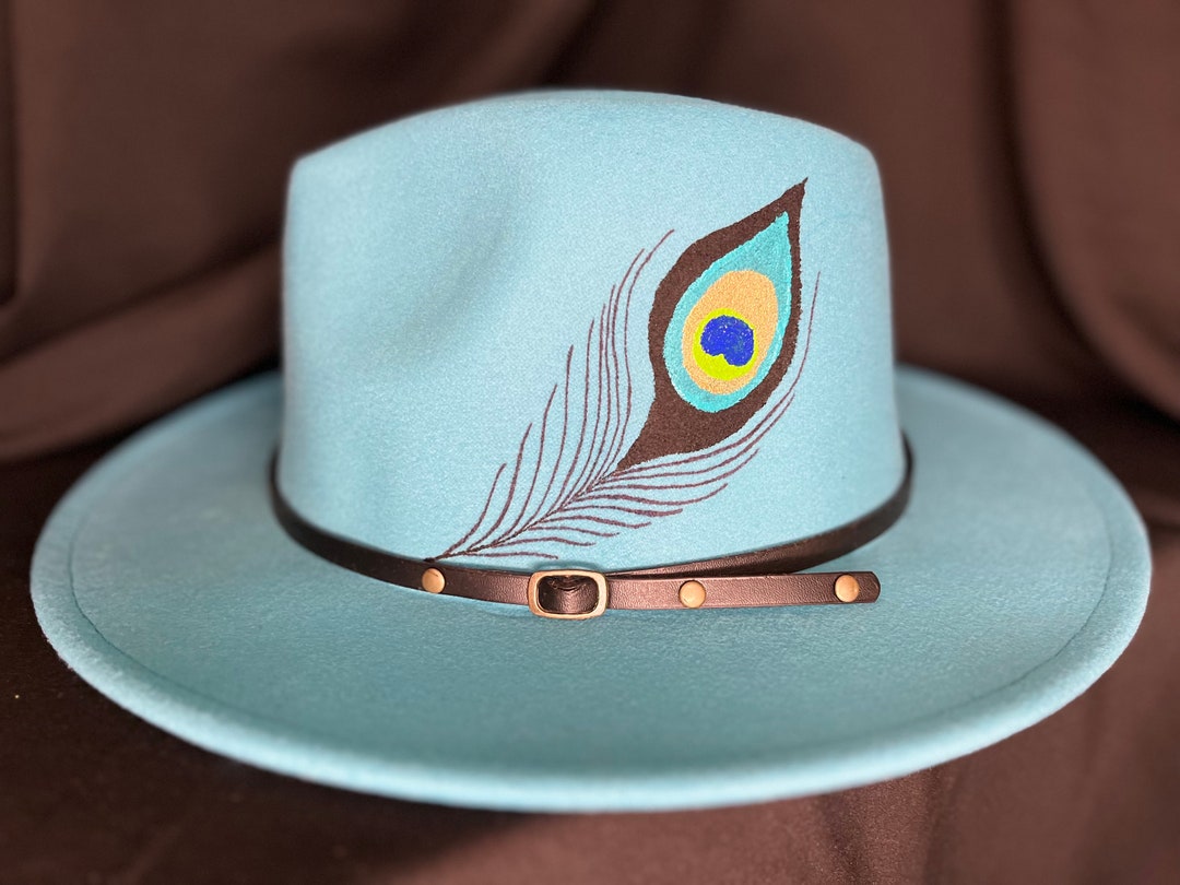 Custom Hand Painted Peacock Feather Fedora With Gold and Teal Accents ...