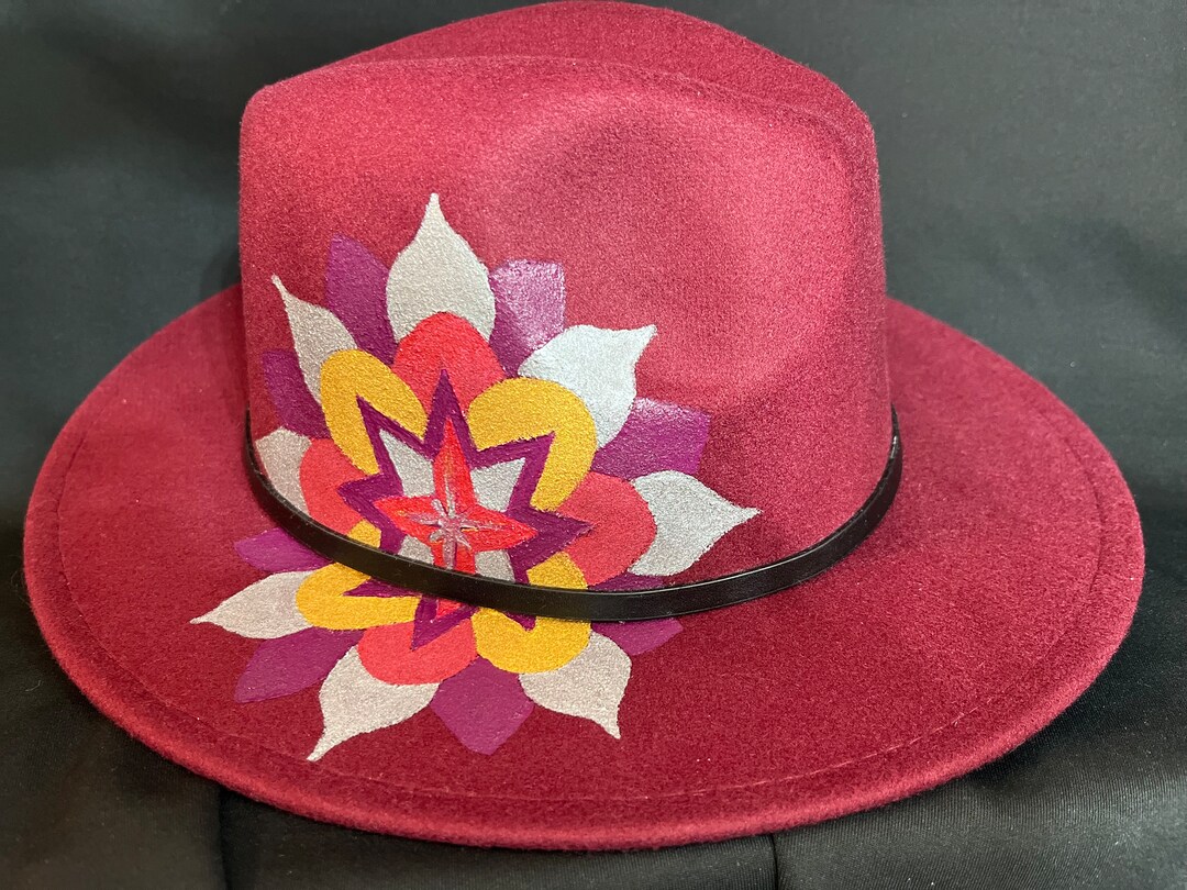 Maroon Mandala Hand Painted Fedora Hat, With Silver, Gold, Maroon and ...