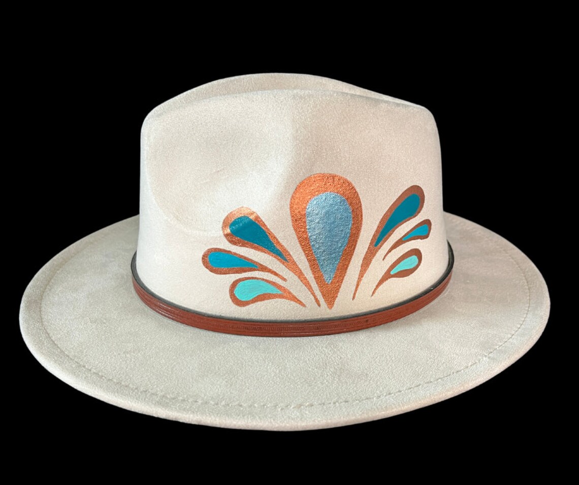 Hand Painted Ivory Felt Fedora With Copper, Mint & Turquoise Whimsical ...