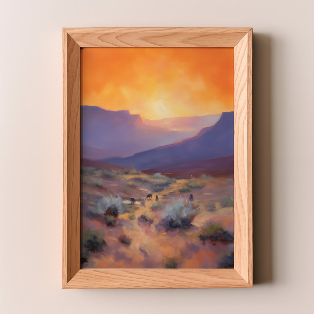 Desert Oil Painting - Impressionism, Desert Valley, Golden Sunset, Wild ...