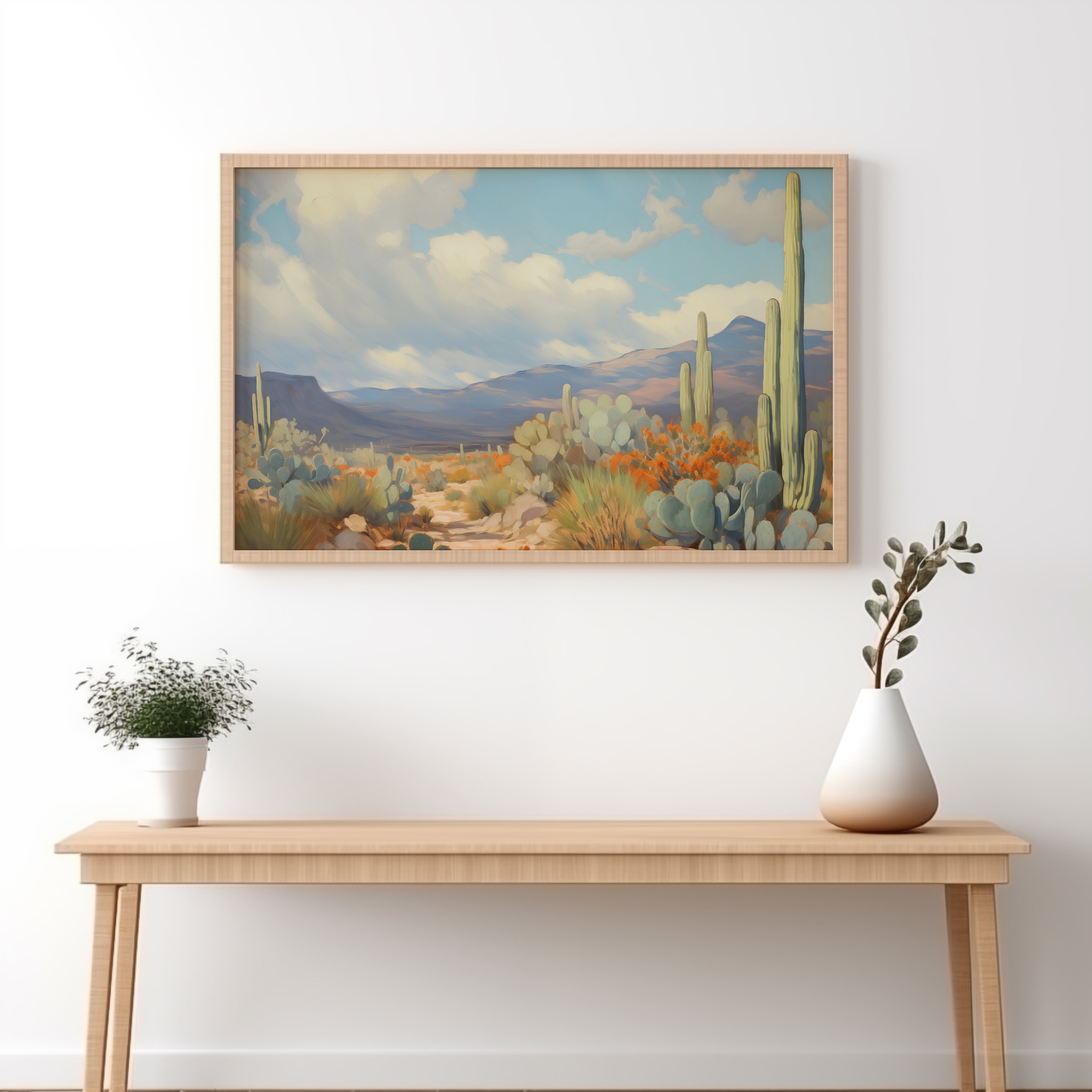 Vintage Desert Painting - Desert With Saguaro Cactus, Open Skies ...