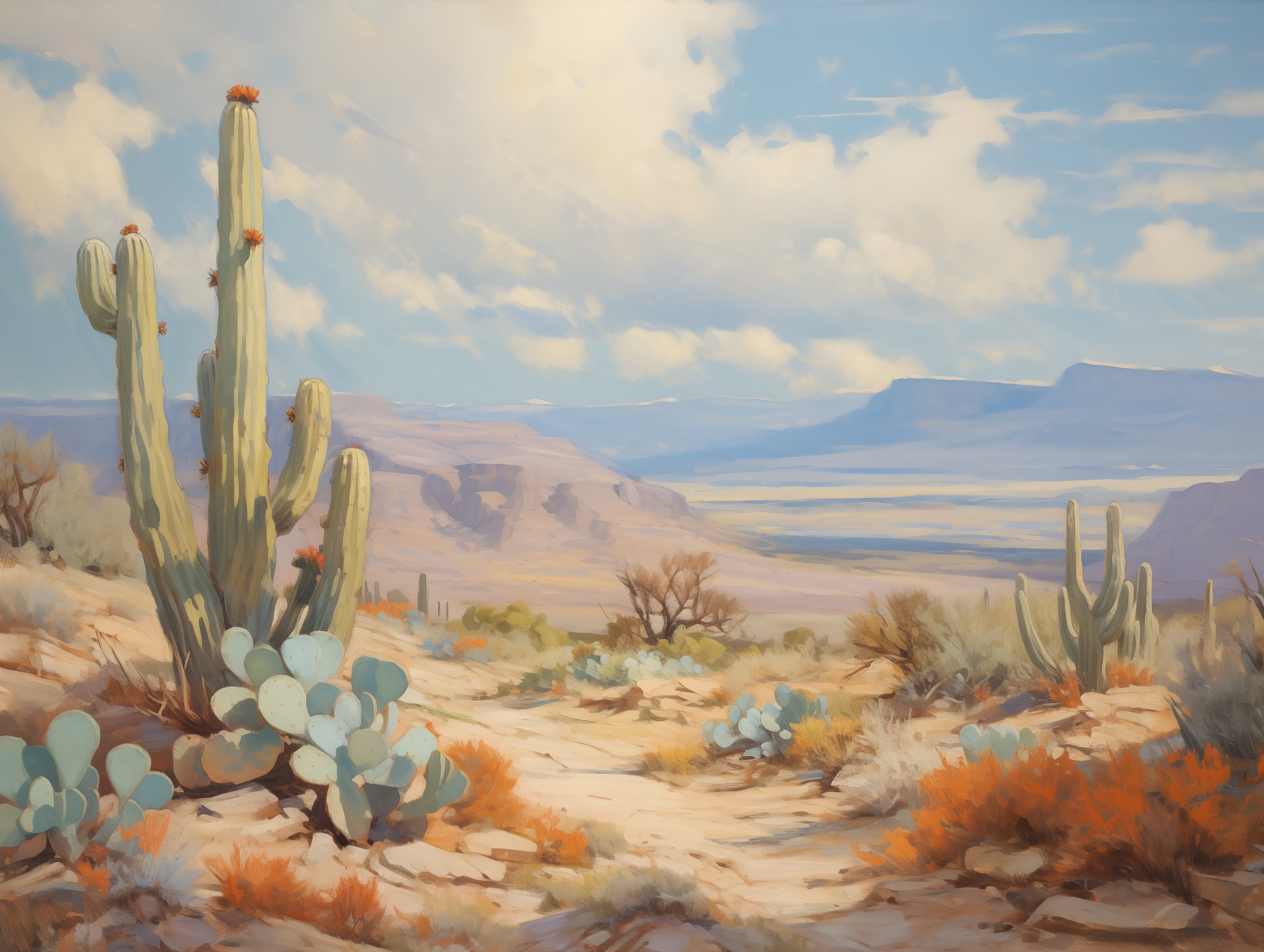 Vintage Desert Painting - Desert With Saguaro Cactus, Distant Mountains ...