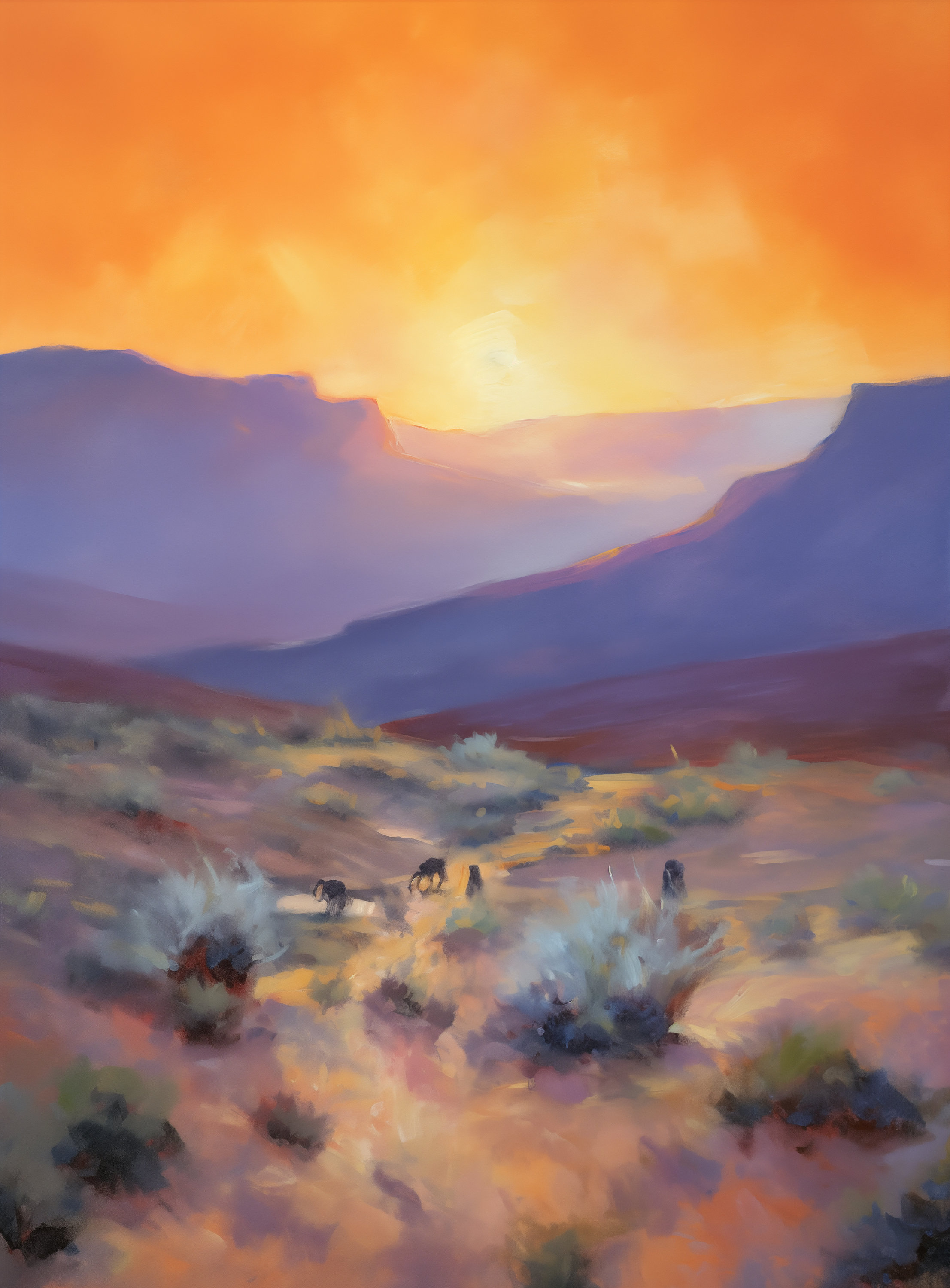 Desert Oil Painting - Impressionism, Desert Valley, Golden Sunset, Wild ...