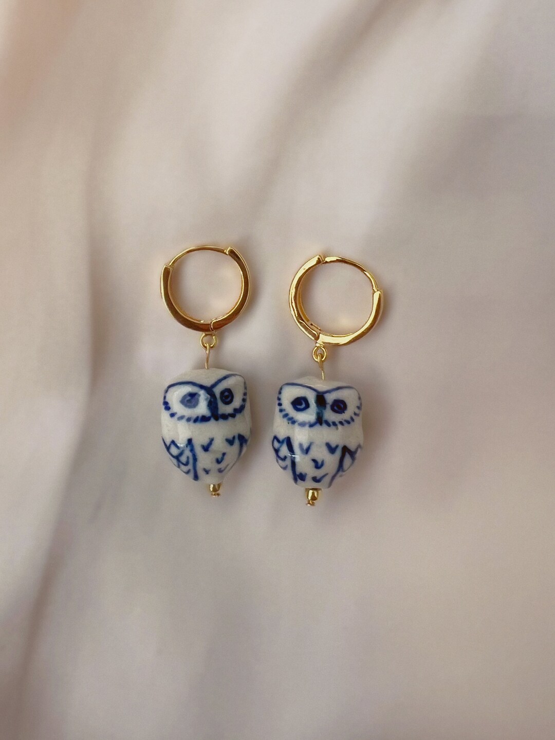 18k Gold Plated Hoops With Large Porcelain Owls - Etsy