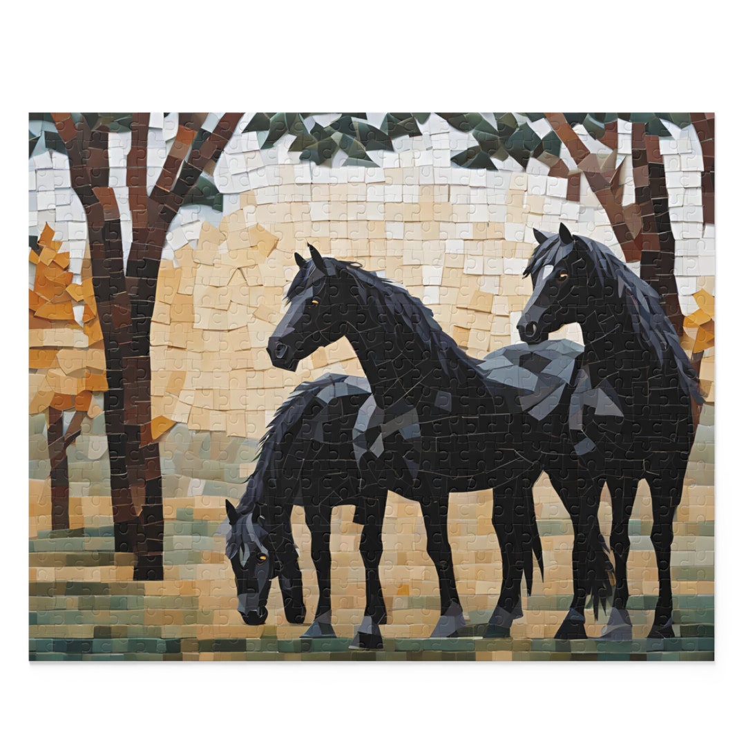 Black Horses in the Paddock in Paper Mosaic Style Ai-generated Puzzle ...