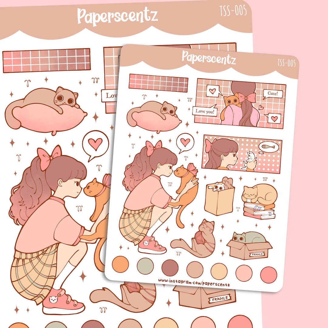 Cute Cat Girl Pastel Stickers, Cute Cats Stickers, Aesthetic Journal ...