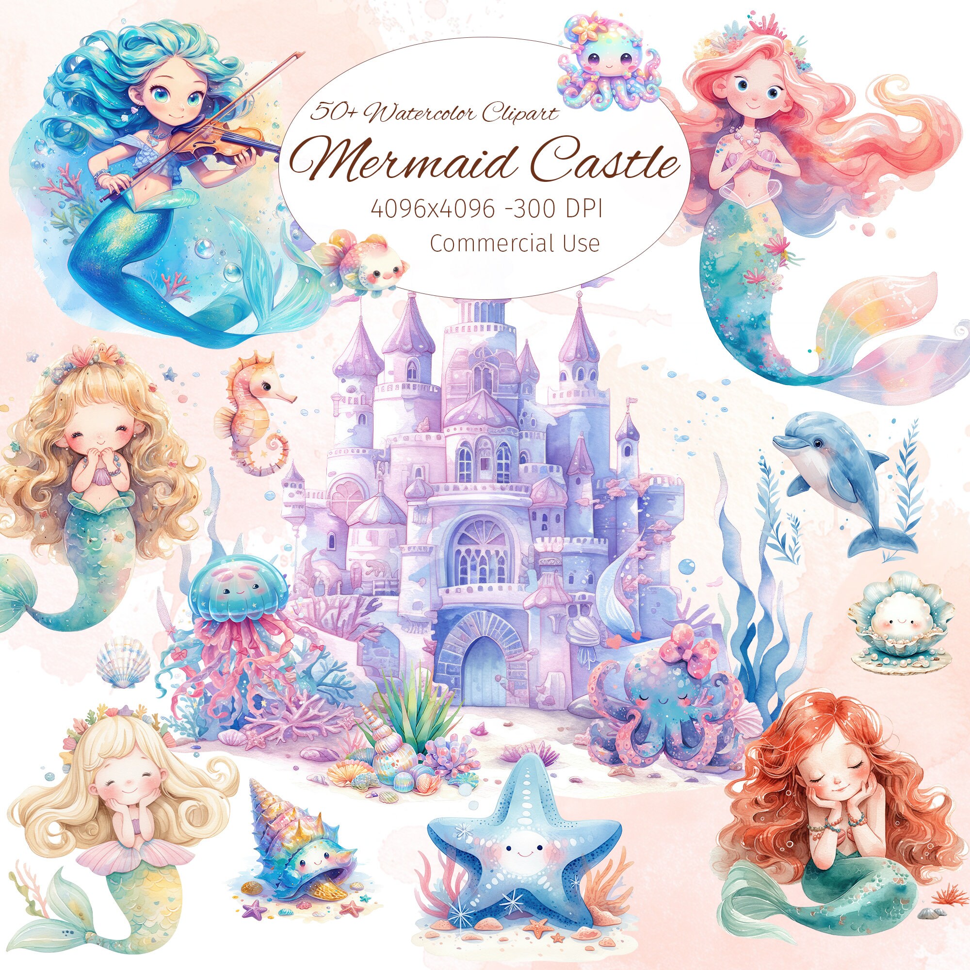 50+ Mermaid Clipart Bundle , Undersea Clipart, Watercolor Clipart for ...