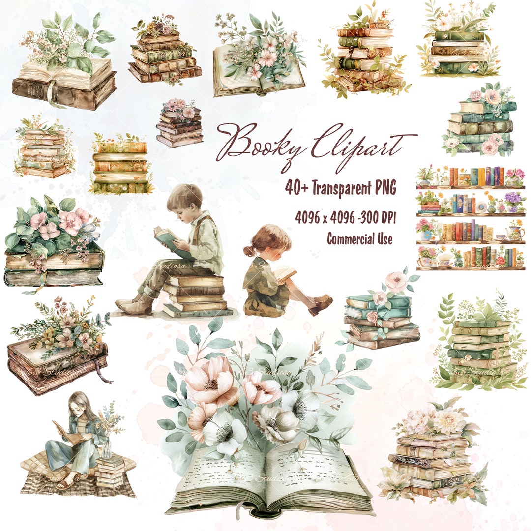 40+ Watercolor Book Clipart Bundle , Literature Clipart , Book Lover ...