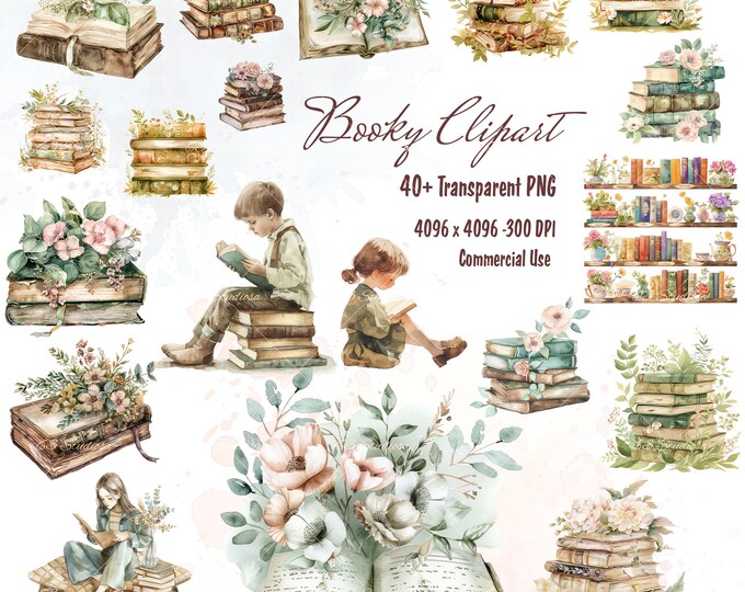 40+ Watercolor Book Clipart Bundle , Literature Clipart , Book Lover ...