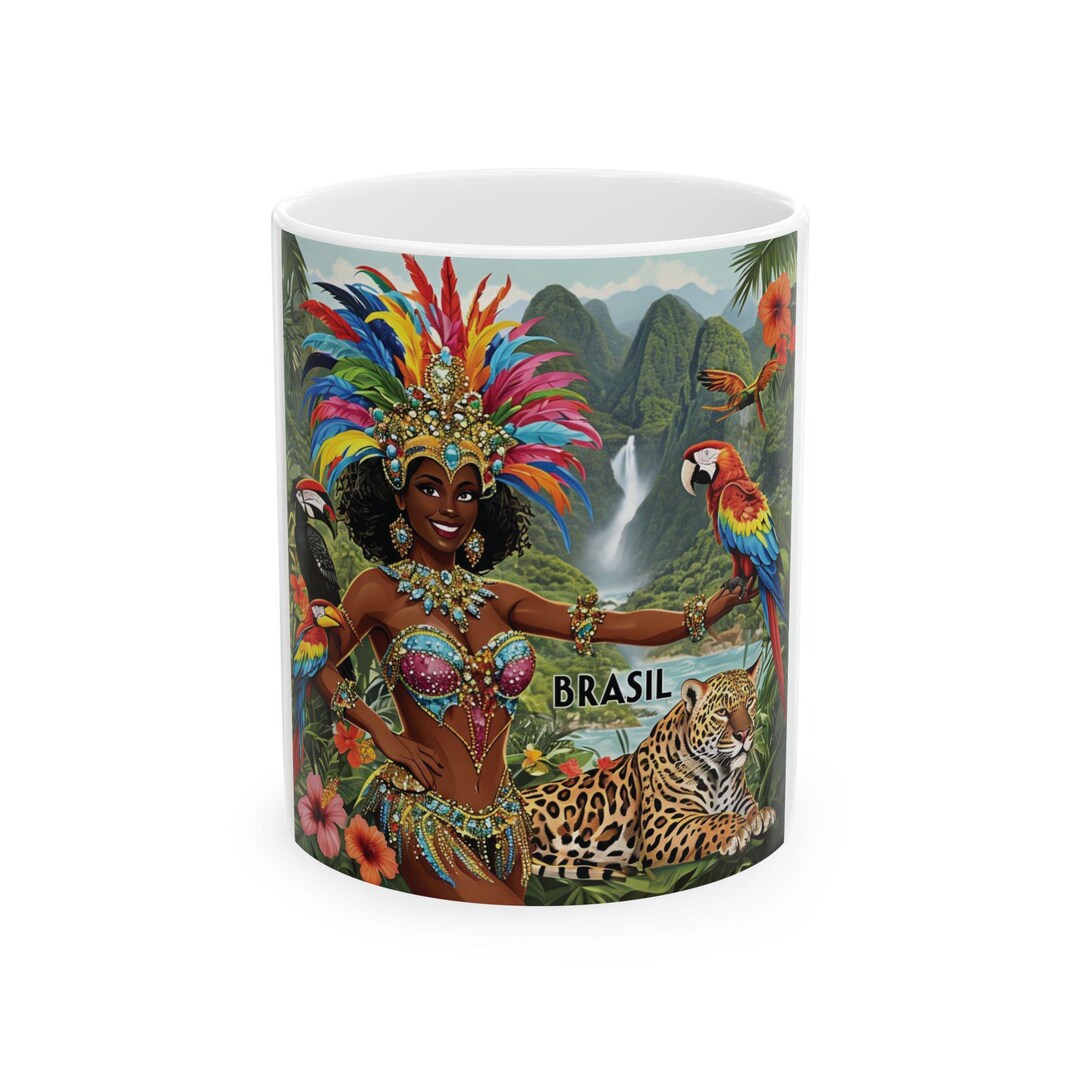 Brazilian Jungle Samba Mug Vibrant Rio Carnival Dancer Ceramic Coffee ...