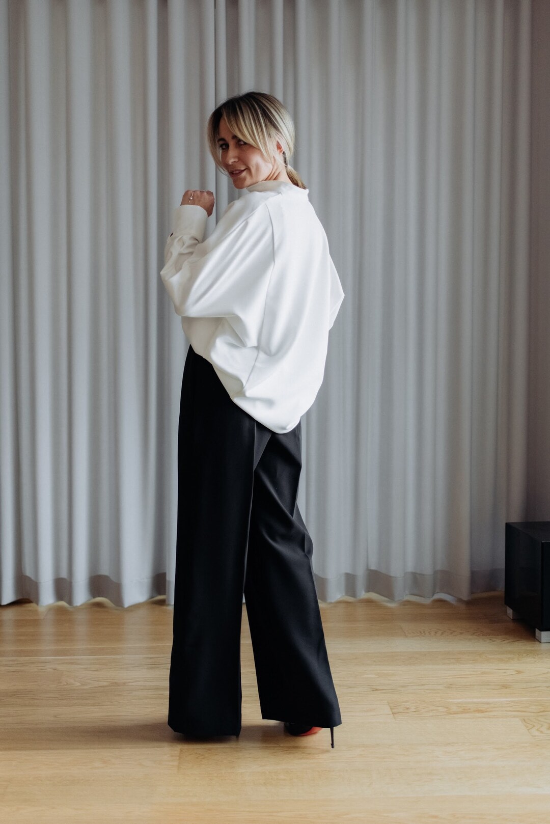 Chick Palazzo Trousers and V-neck Bouse, Black and White Two Pieces ...