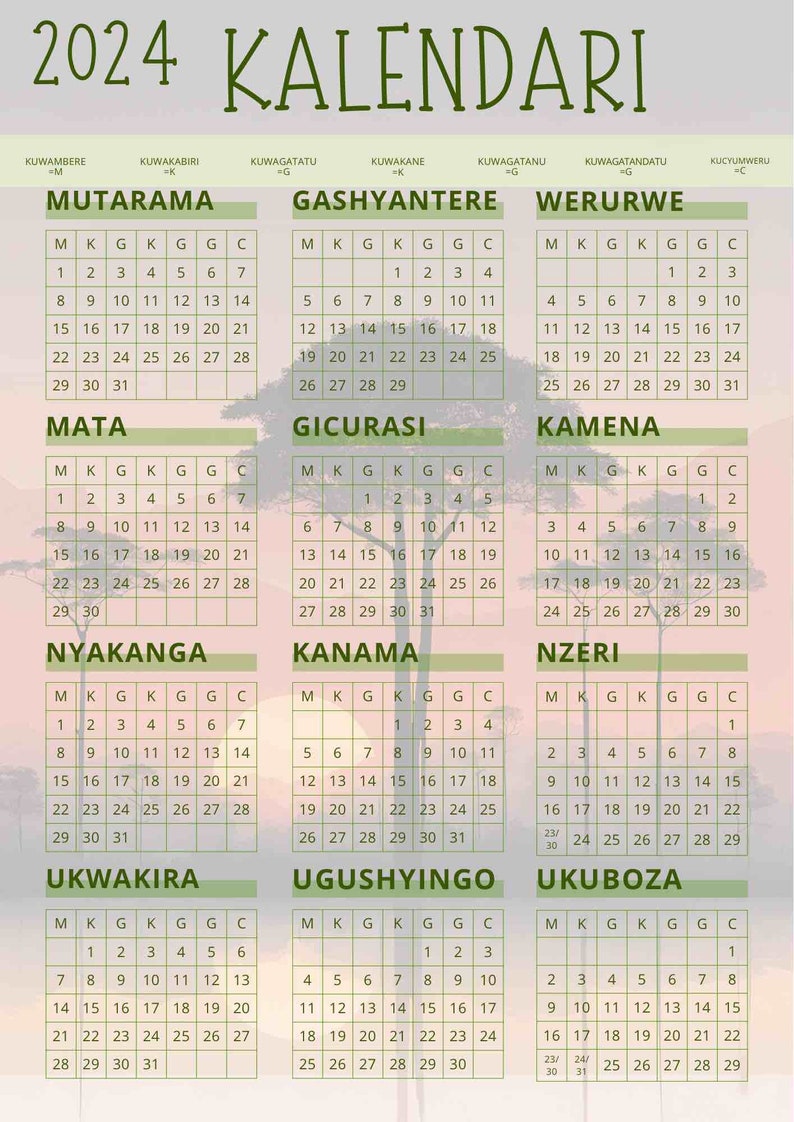 Kalendari Y'umwaka 2024 Kinyarwanda Amabara Amezi Yose Digital High ...