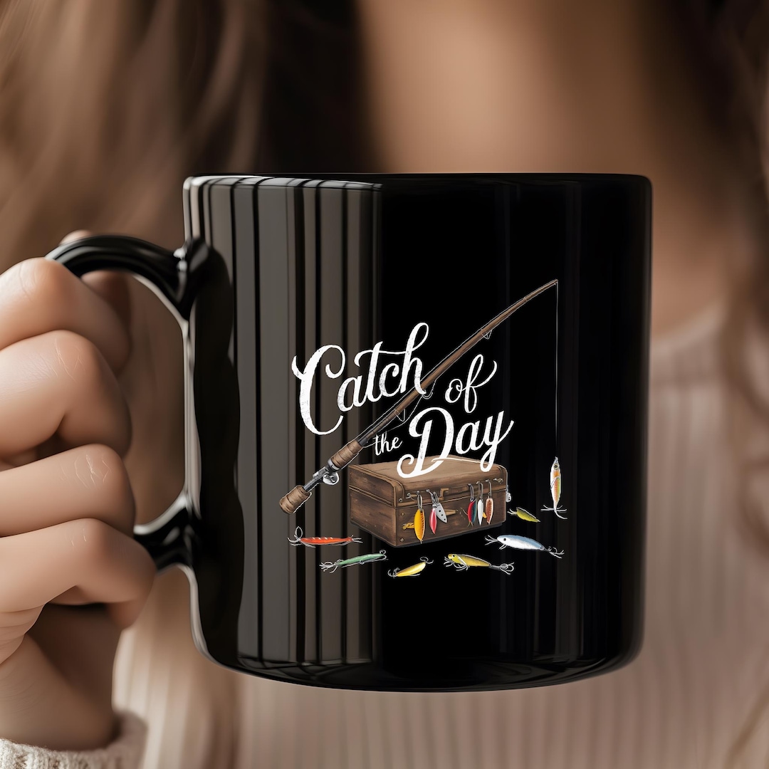 Catch of the Day Fishing Mug for Anglers, Tackle Box Design, Premium ...