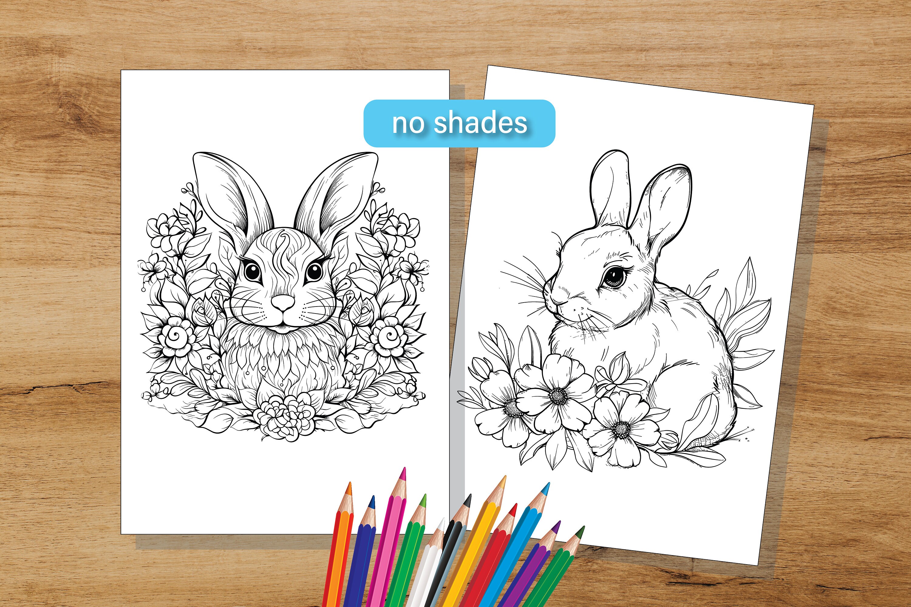 30 Rabbits With Flowers Coloring Pages for Adults and Kids, Instant ...