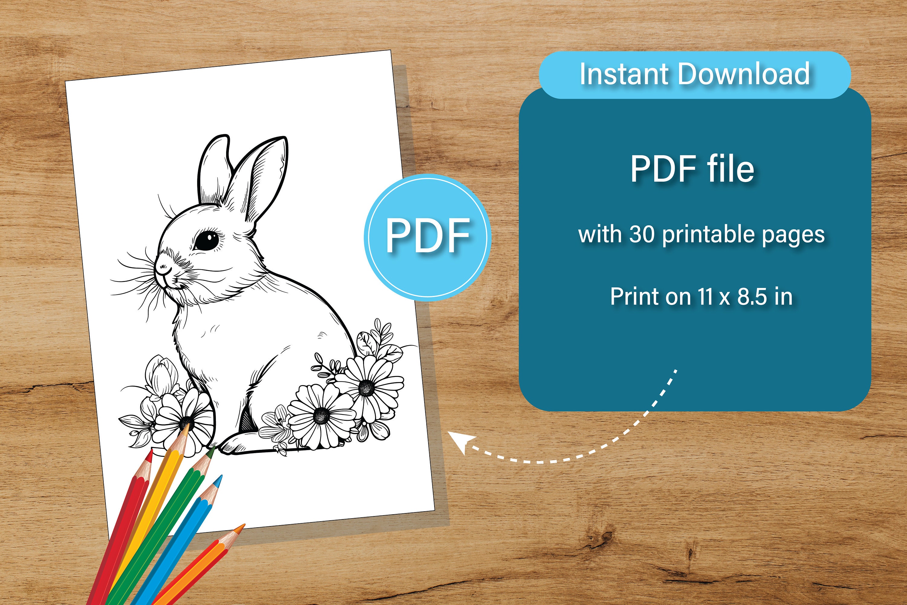 30 Rabbits With Flowers Coloring Pages for Adults and Kids, Instant ...