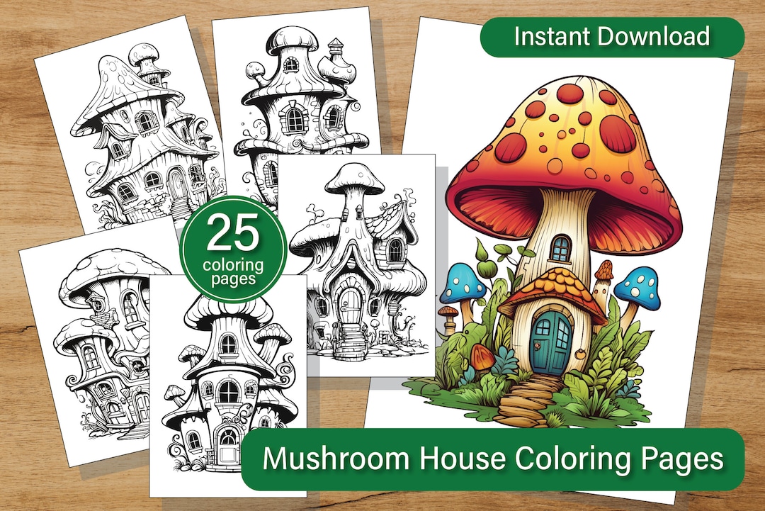 25 Mushroom Houses Coloring Pages, Grayscale Fantasy Tree Houses ...