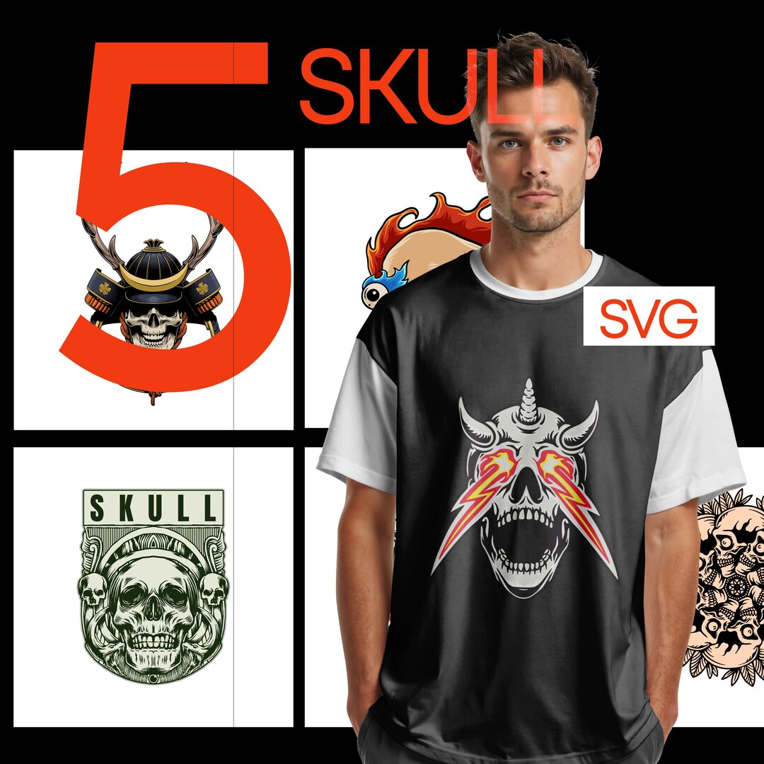 5 Skull SVG Bundle | Digital Skull Illustrations for T-shirts & Print ...