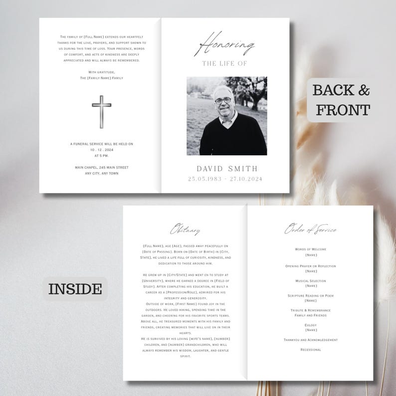 Elegant Funeral Program Canva Template: Memorial Service Bifold ...