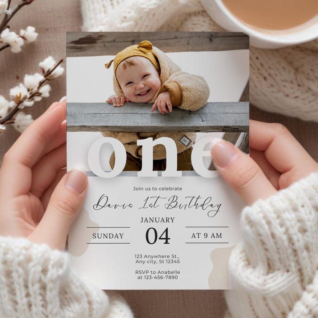 Editable First Birthday Invitation, Baby 1st Birthday Photo Invitation ...