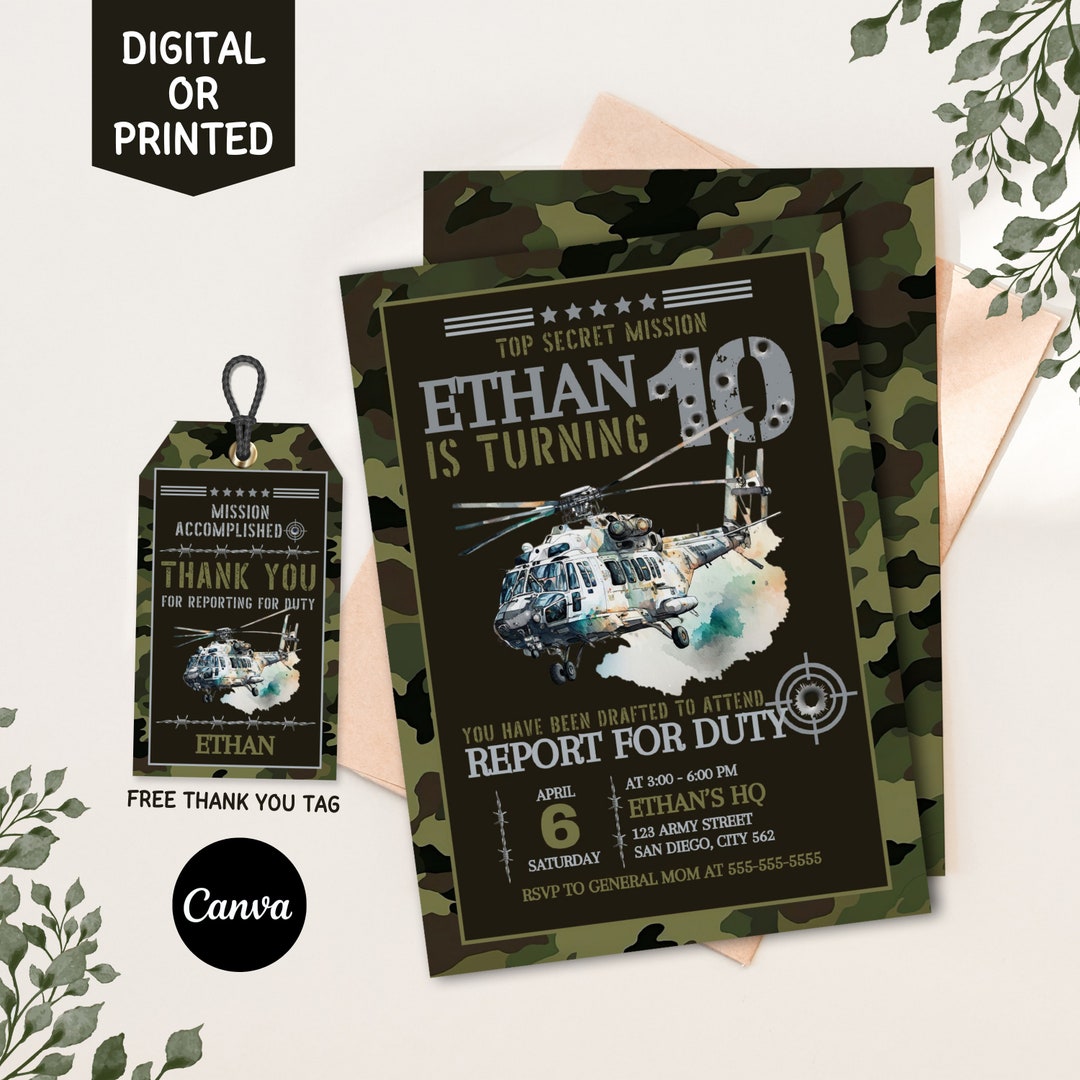 Editable Army Birthday Invitation Template for 10th Birthday Camo ...