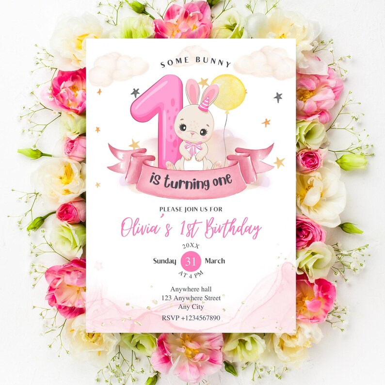 Editable Some Bunny is Turning One Invitation Girl Bunny 1st Birthday ...