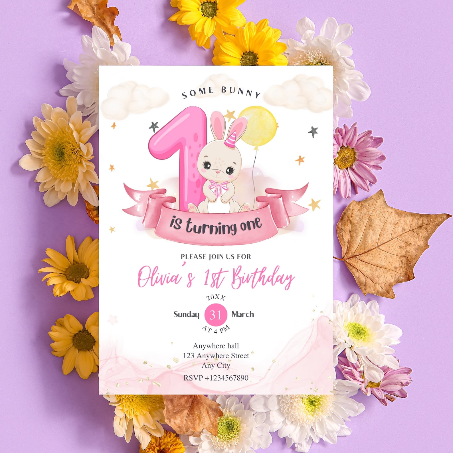 Editable Some Bunny is Turning One Invitation Girl Bunny 1st Birthday ...