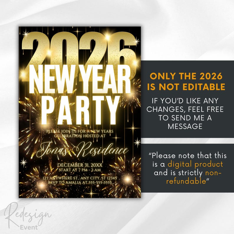 Editable New Year Party Invitation Card, NYE 2026 (digital Download) - Etsy