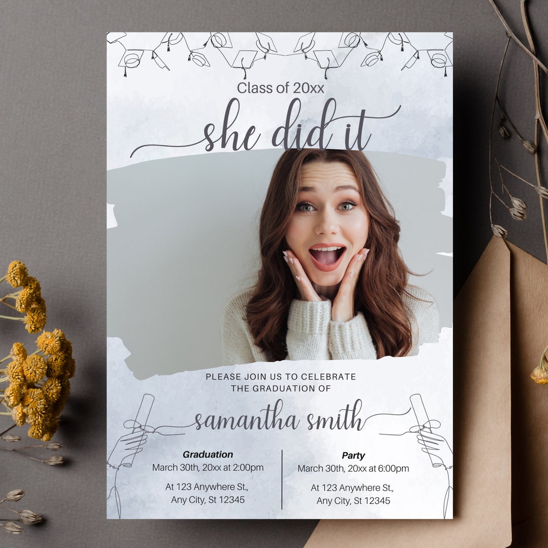 Editable She Did It Graduation Day Party 2024 Invitation Template ...