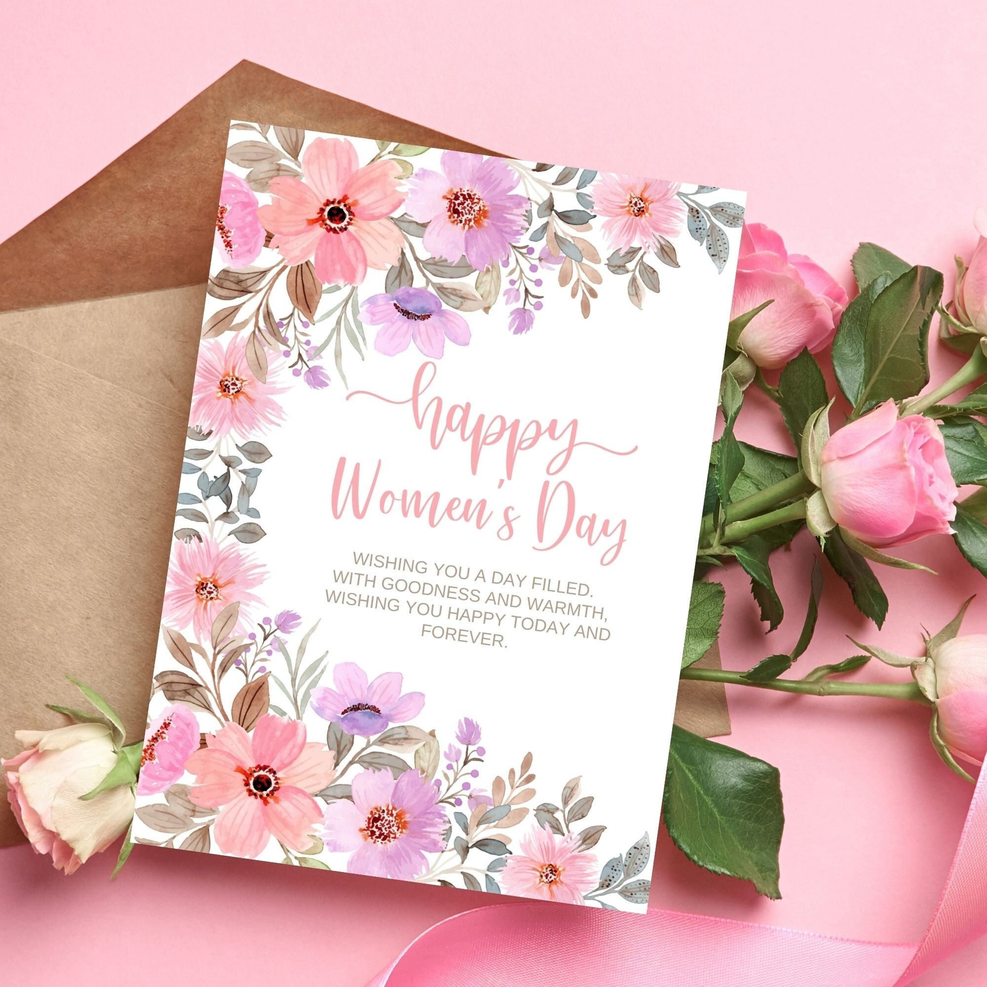 Editable International Women's Day Pink Greeting Card Celebrate Strong ...