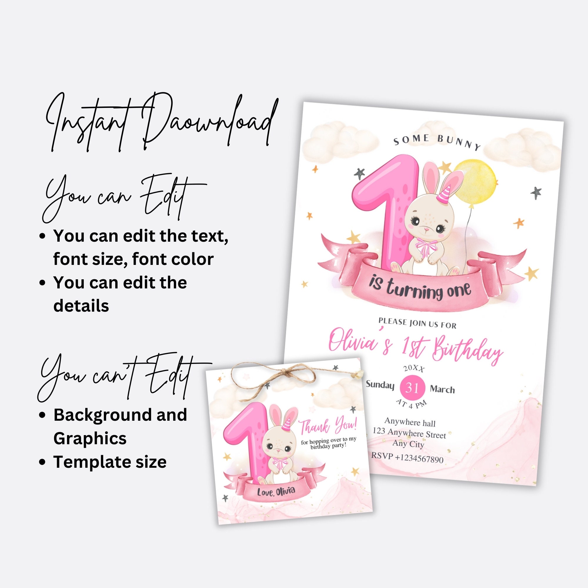 Editable Some Bunny is Turning One Invitation Girl Bunny 1st Birthday ...