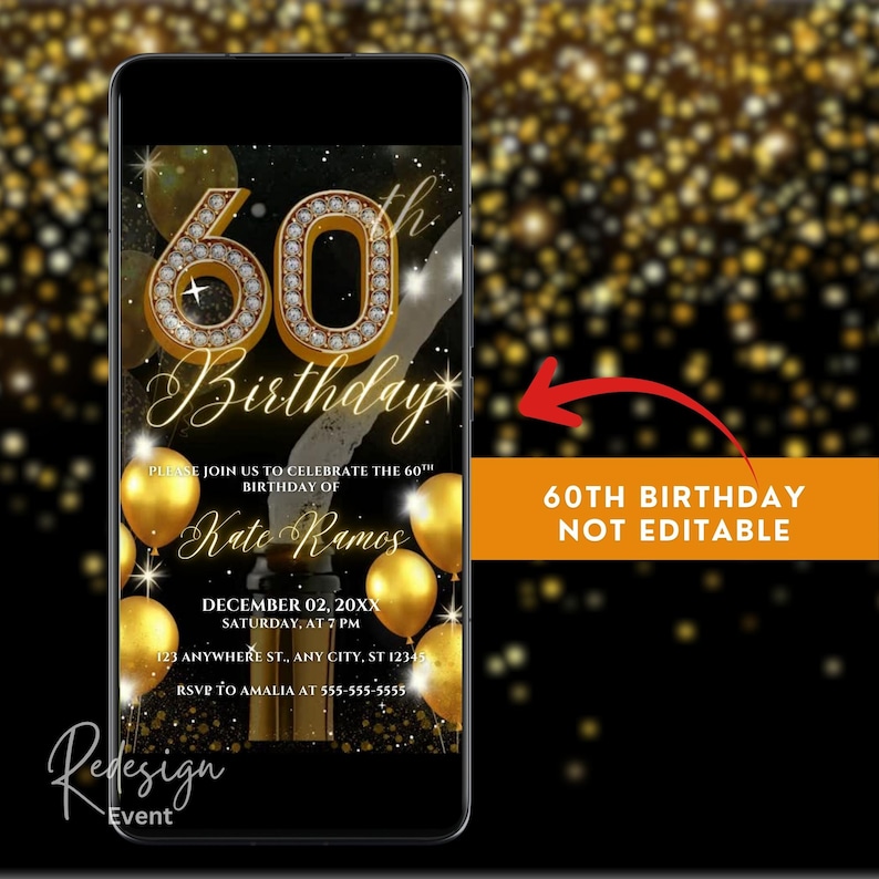 Editable 60th Birthday Video Invitation, Gold & Black (digital Download ...