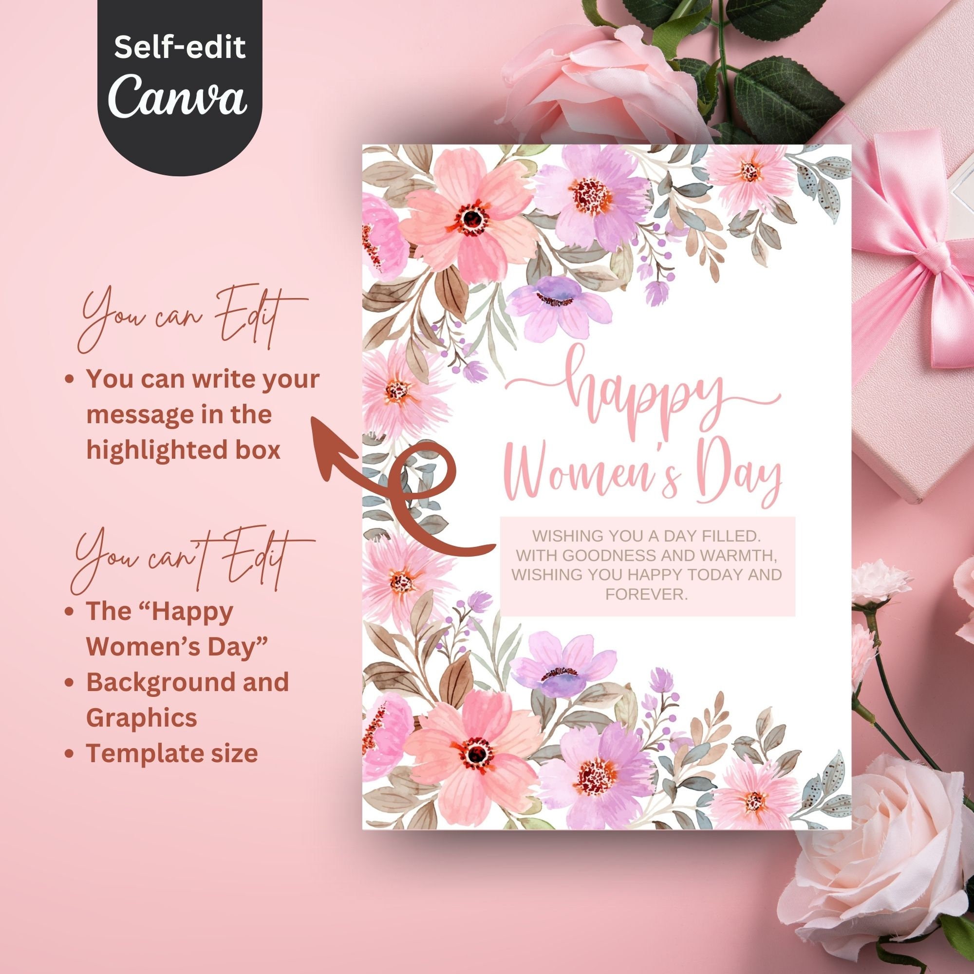 Editable International Women's Day Pink Greeting Card Celebrate Strong ...