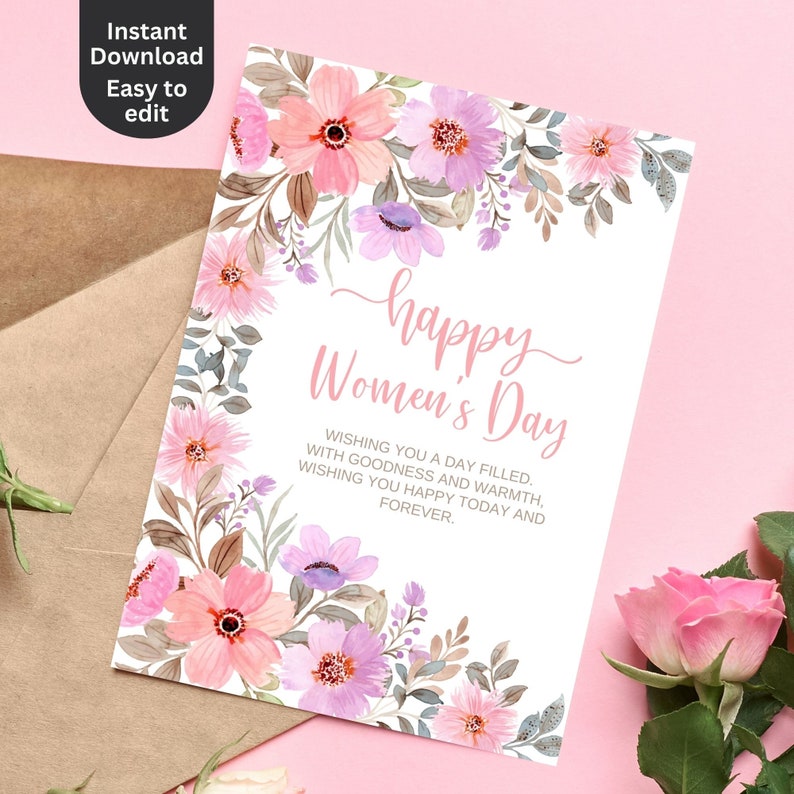 Editable International Women's Day Pink Greeting Card Celebrate Strong ...