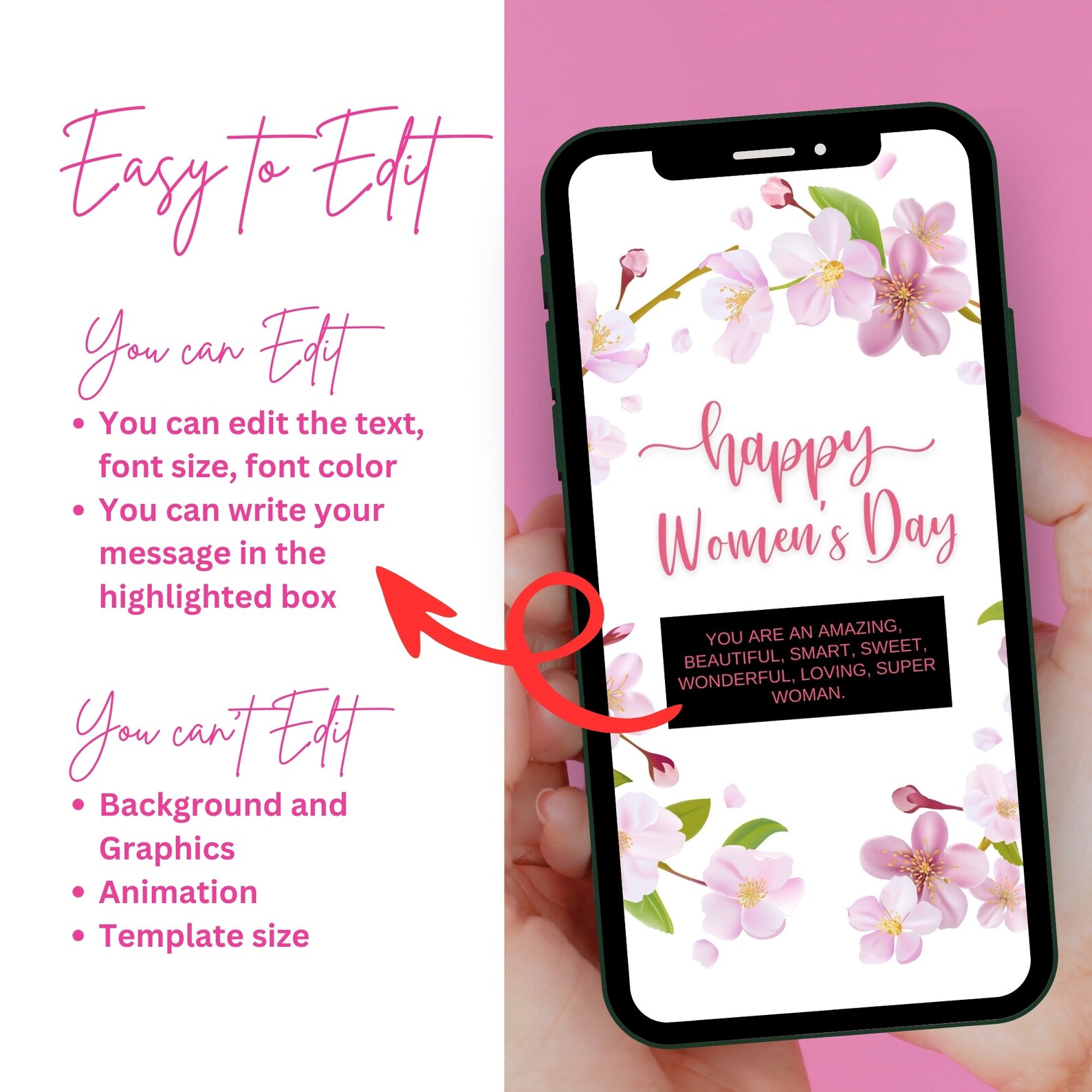 Editable International Women's Day Pink Video Greeting Celebrate Strong ...