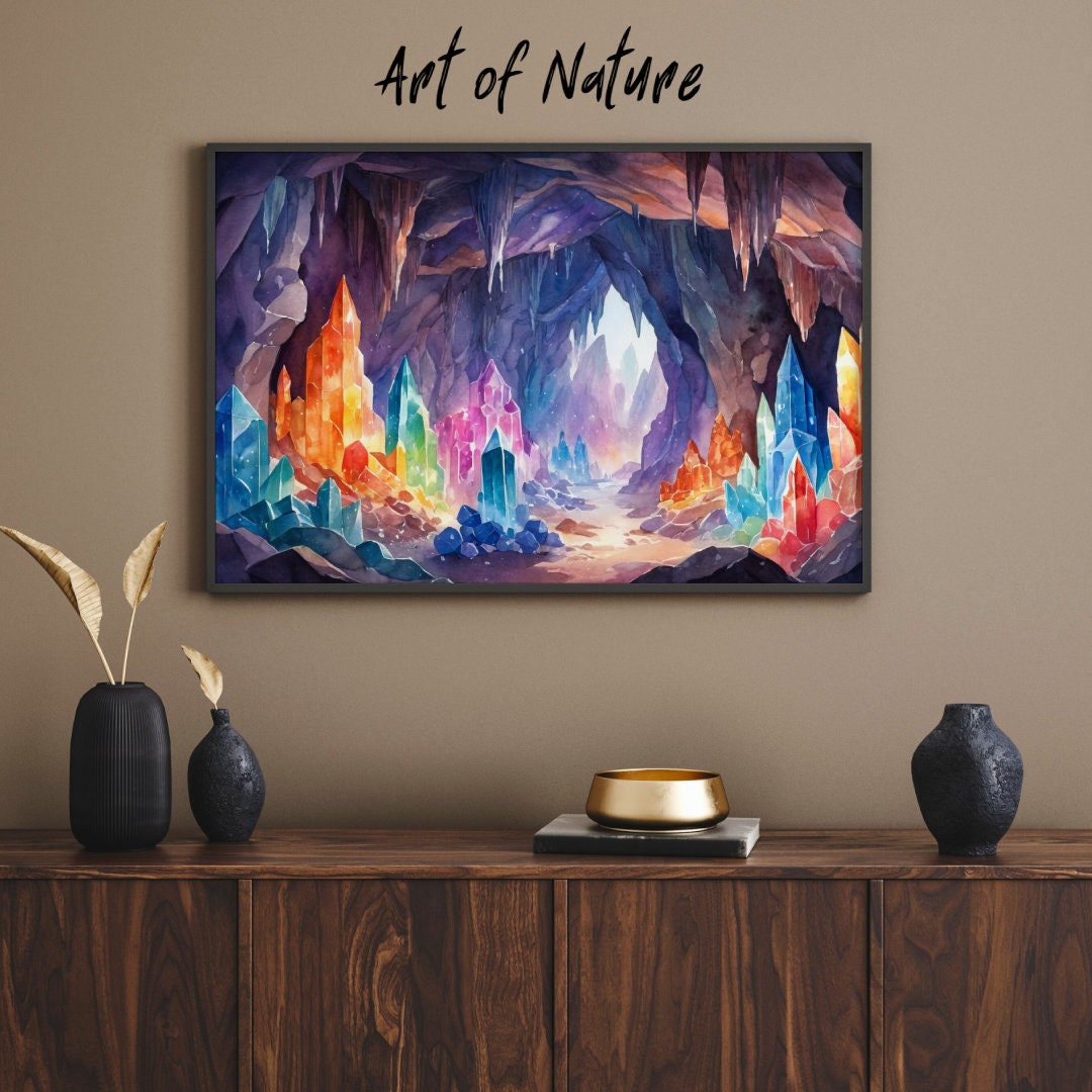 Crystal Cave Art, Hidden Cavern Landscape, Vintage Cavern Paint ...