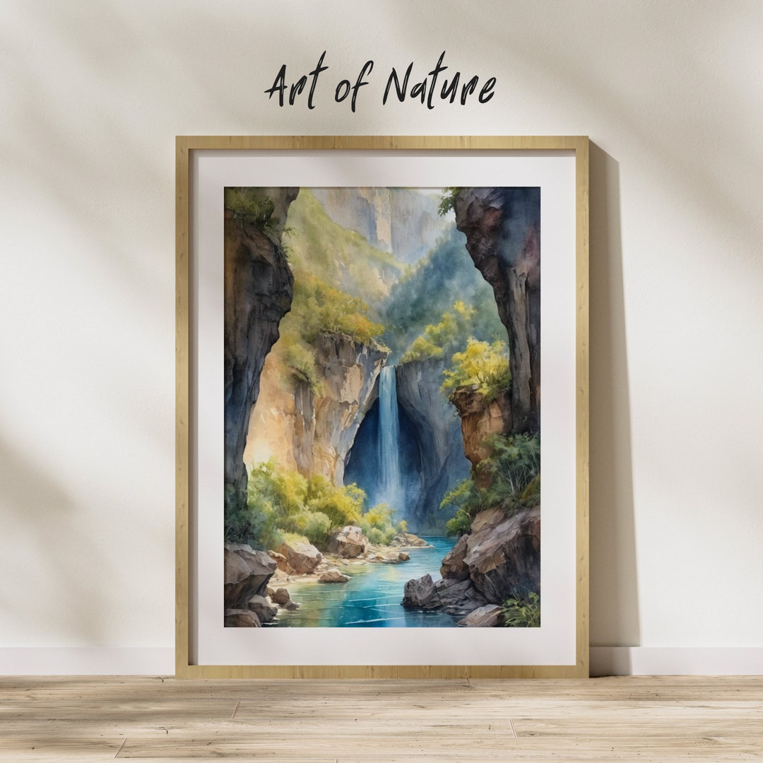 Hidden Cavern Art, Forest Landscape, Vintage Waterfall Paint, Digital ...