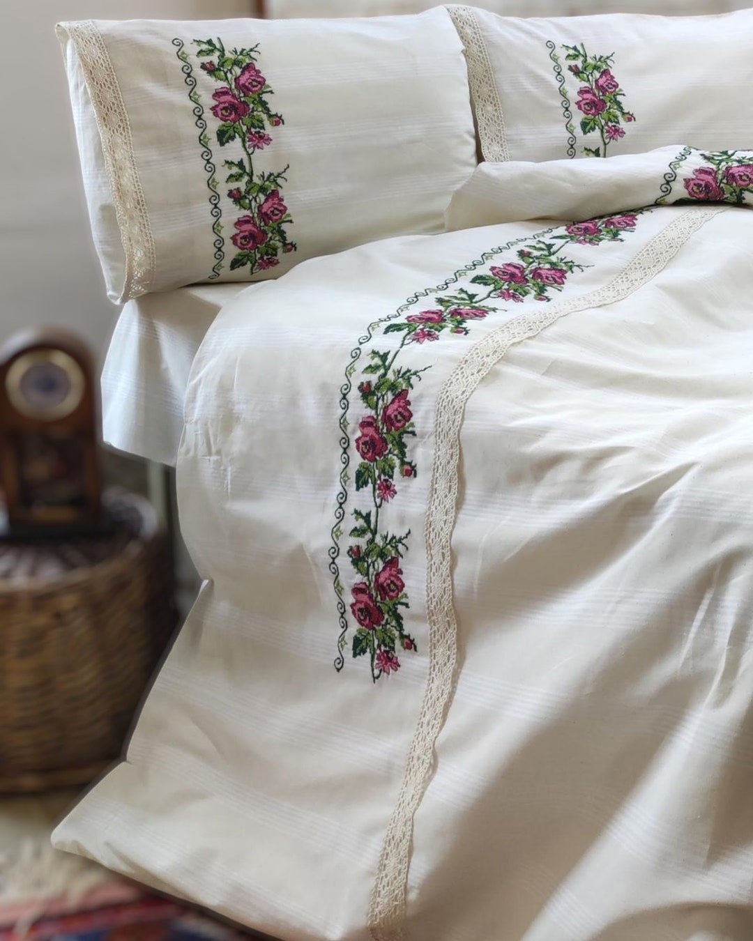 Double Canvas Embroidered Duvet Cover Set red With Sheets - Etsy