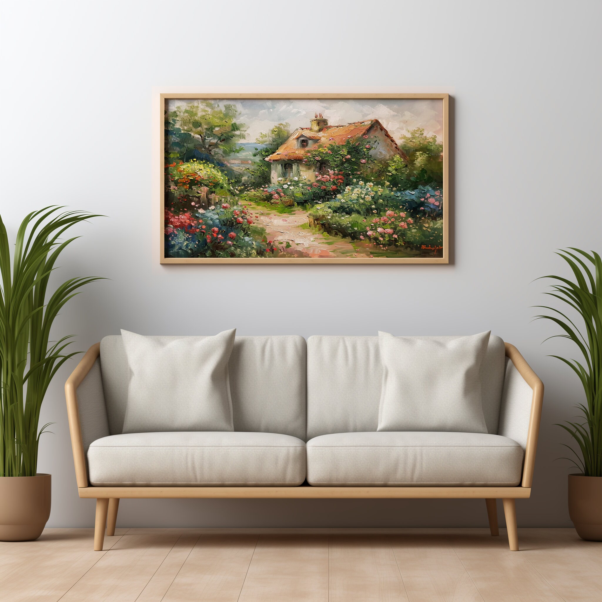 Cottage Oil Painting Rose Garden Scene, Vintage Floral Art, Rustic Home ...