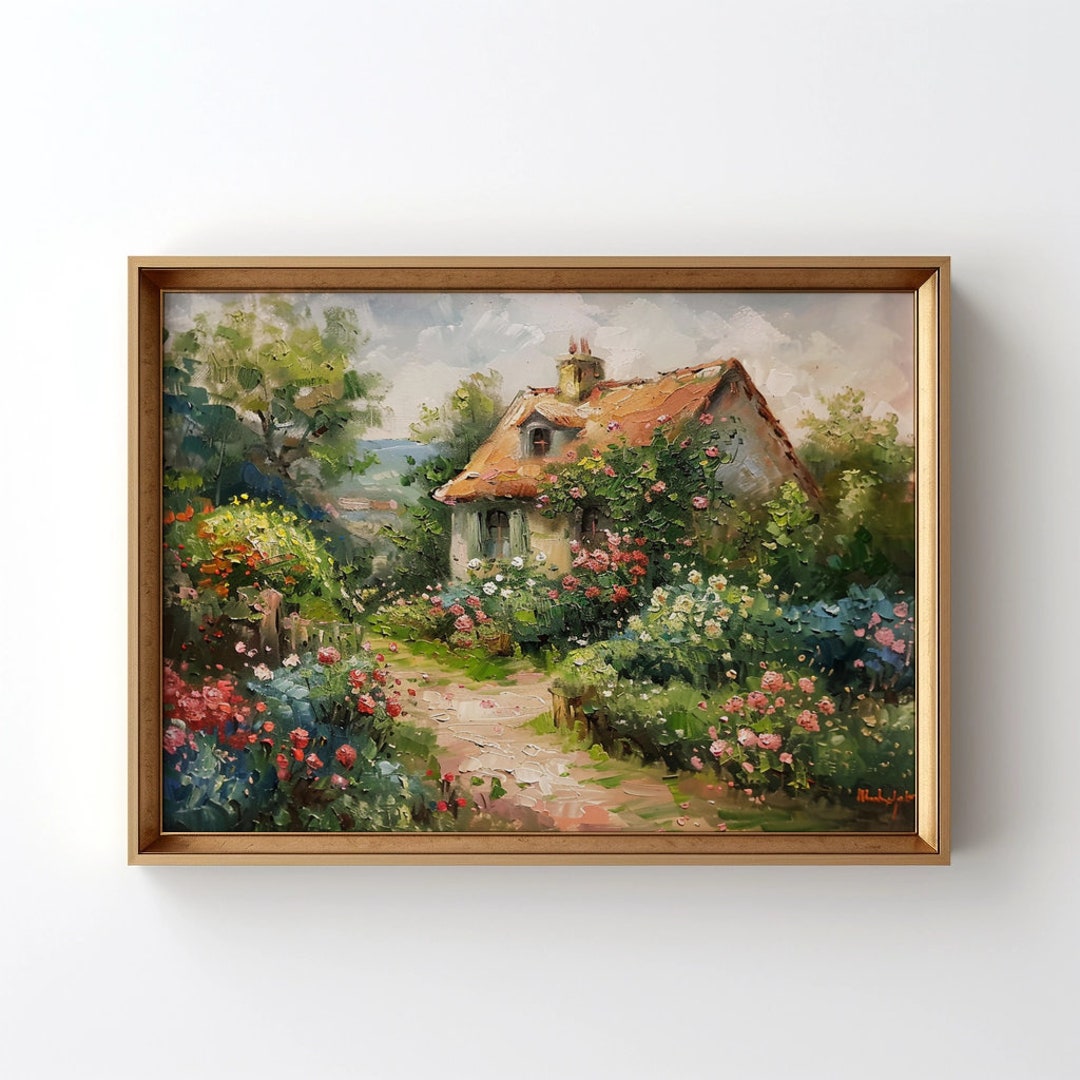 Cottage Oil Painting Rose Garden Scene, Vintage Floral Art, Rustic Home ...