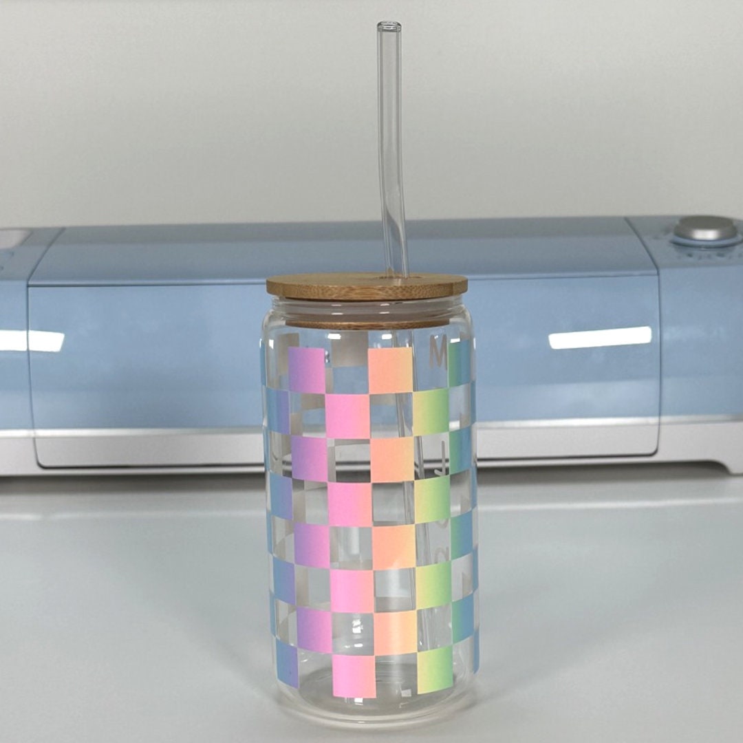Rainbow Checkered Can Glass With Lid and Straw Personalized Coffee Cup ...