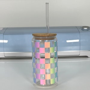 Rainbow Checkered Glass Cup With Lid and Straw | Personalized Cup ...