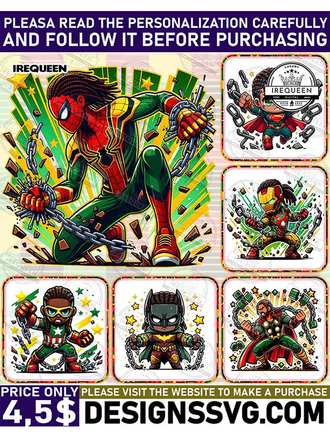 5 Superhero Juneteenth Breaking Every Chain Png, Black Man Dreadlocks ...